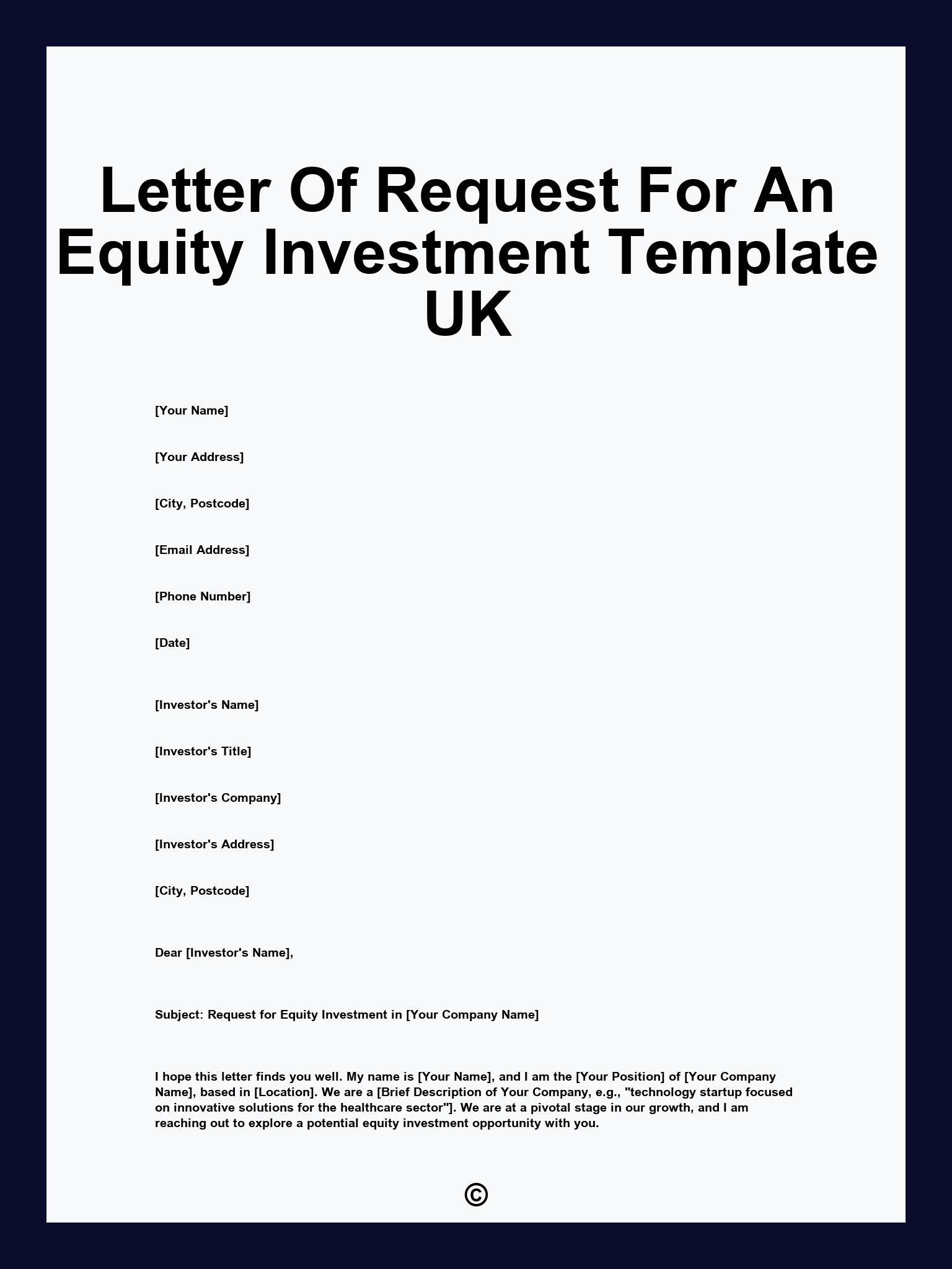 Letter Of Request For An Equity Investment Template UK